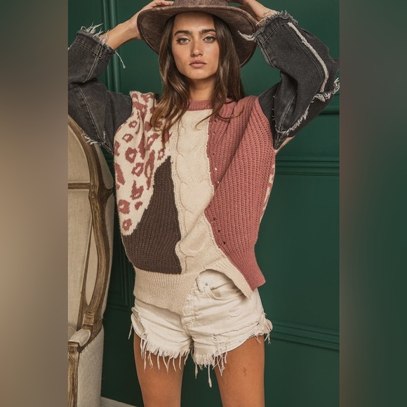 Anthropologie | Sweaters | Mixed Print Cable Knit Denim Sleeve Boho ...